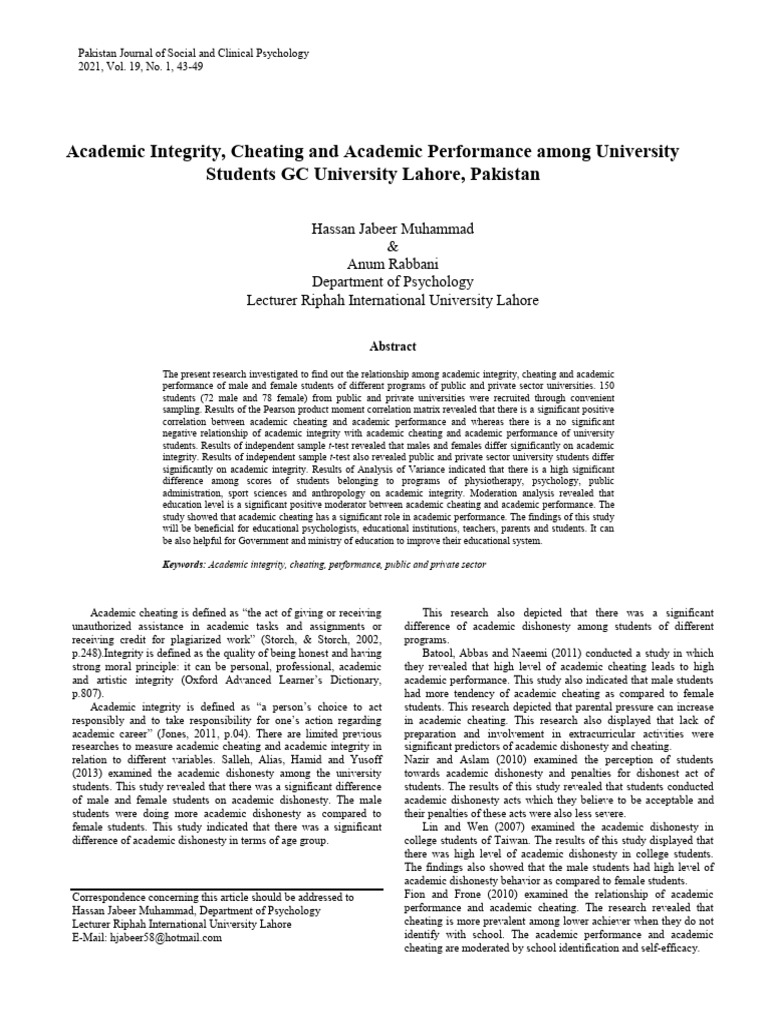 Academic Integrity and Cheating in Universities | PDF | Academic ...