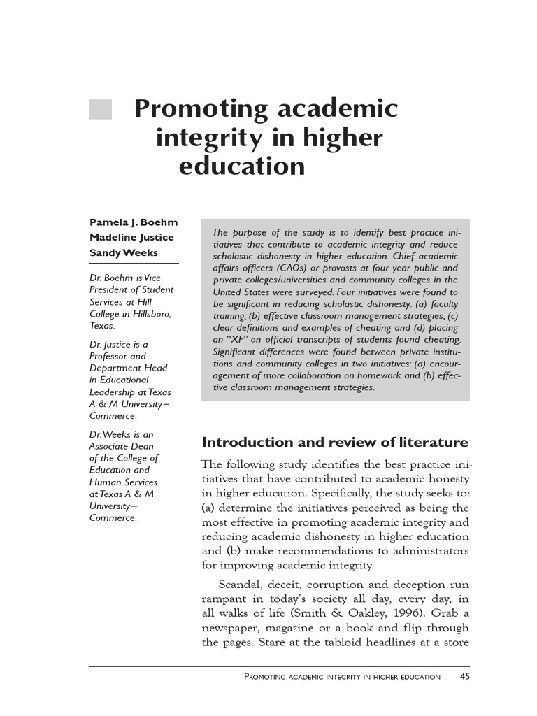 Promoting Academic Integrity in Higher Education: Introduction and ...