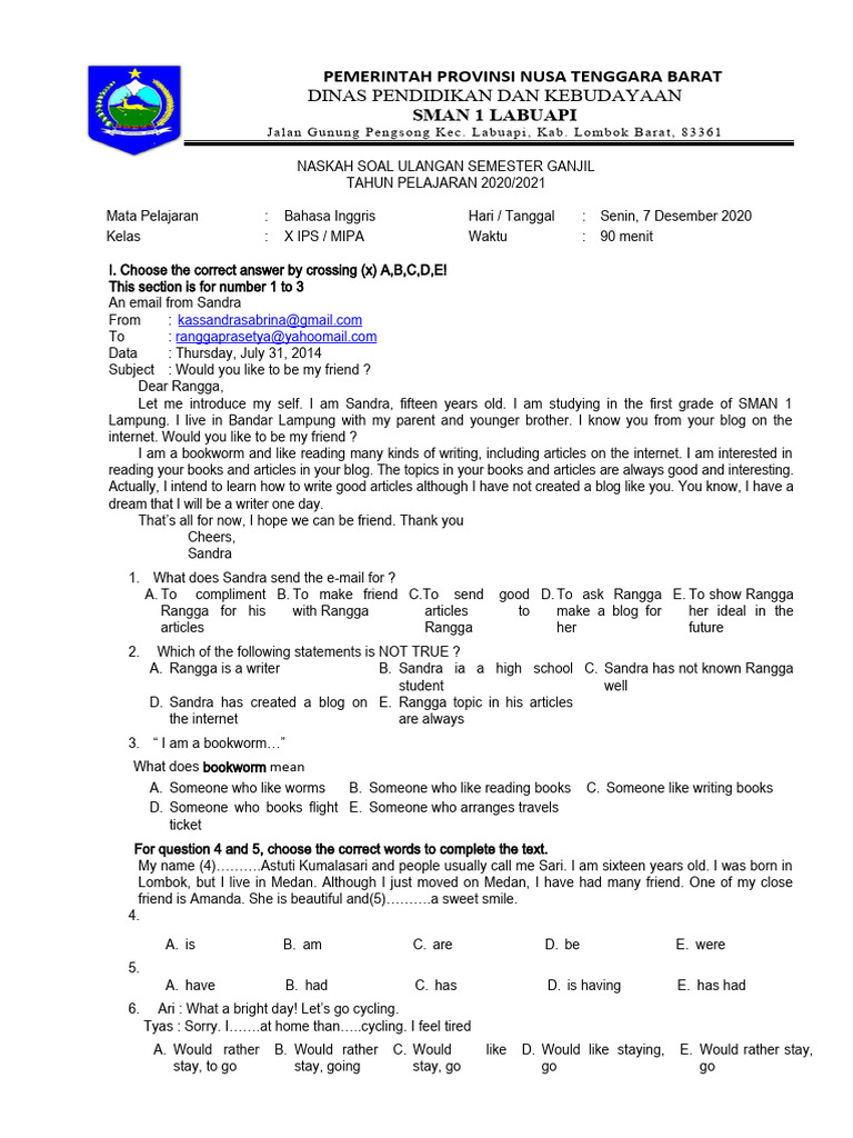 SOAL SEMESTER Ganjil KLS X BHS INGGRIS WAJIB 2020 | PDF