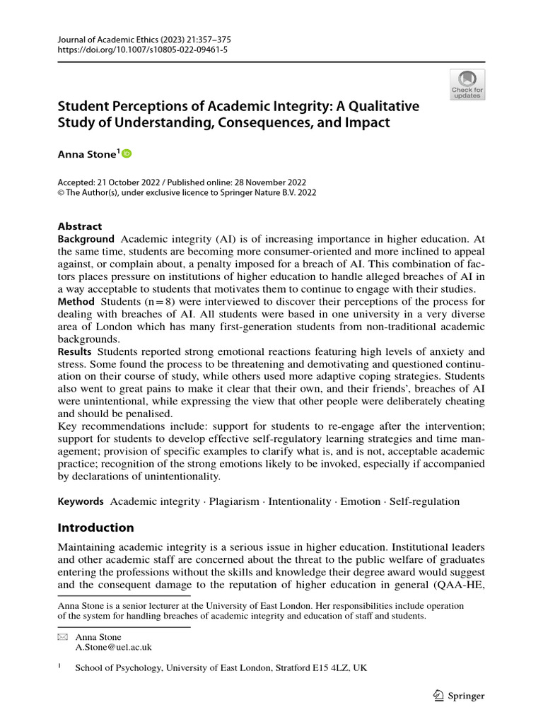 Student Views on Academic Integrity Issues | PDF | Experience | Plagiarism