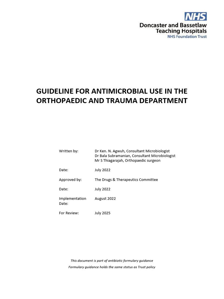Guideline For Antimicrobial Use in The Orthopaedic and Trauma Department.. | PDF | Surgery ...