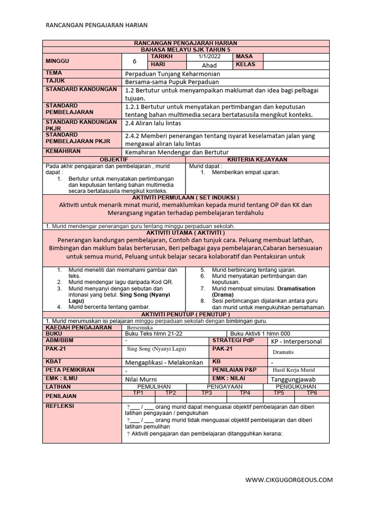RPH Minggu 6 BM SJK THN 5 by Cikgu Gorgeous | PDF