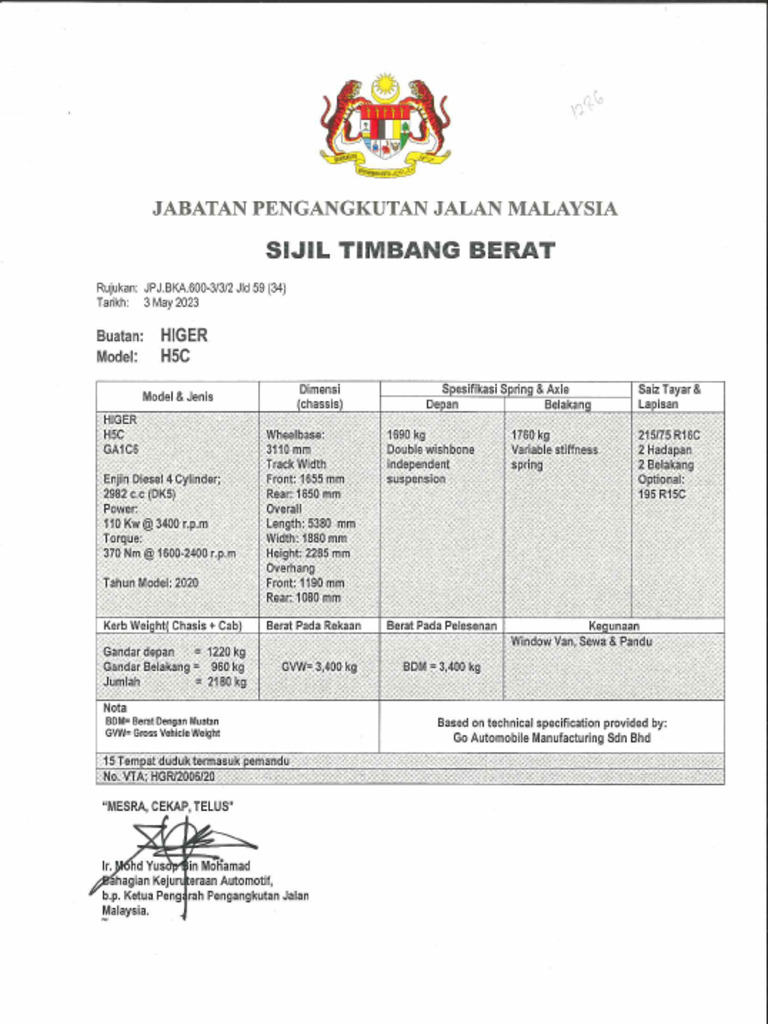 Sijil Timbang Berat GA1C6 - CBU | PDF
