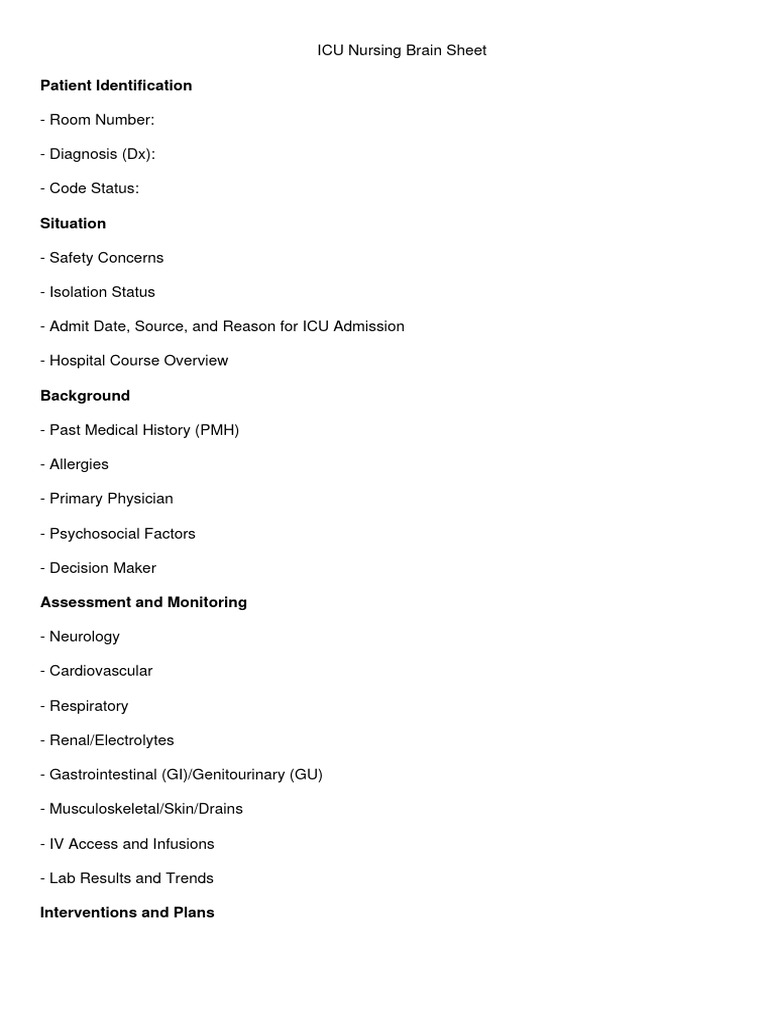 ICU Nursing Brain Sheet | PDF