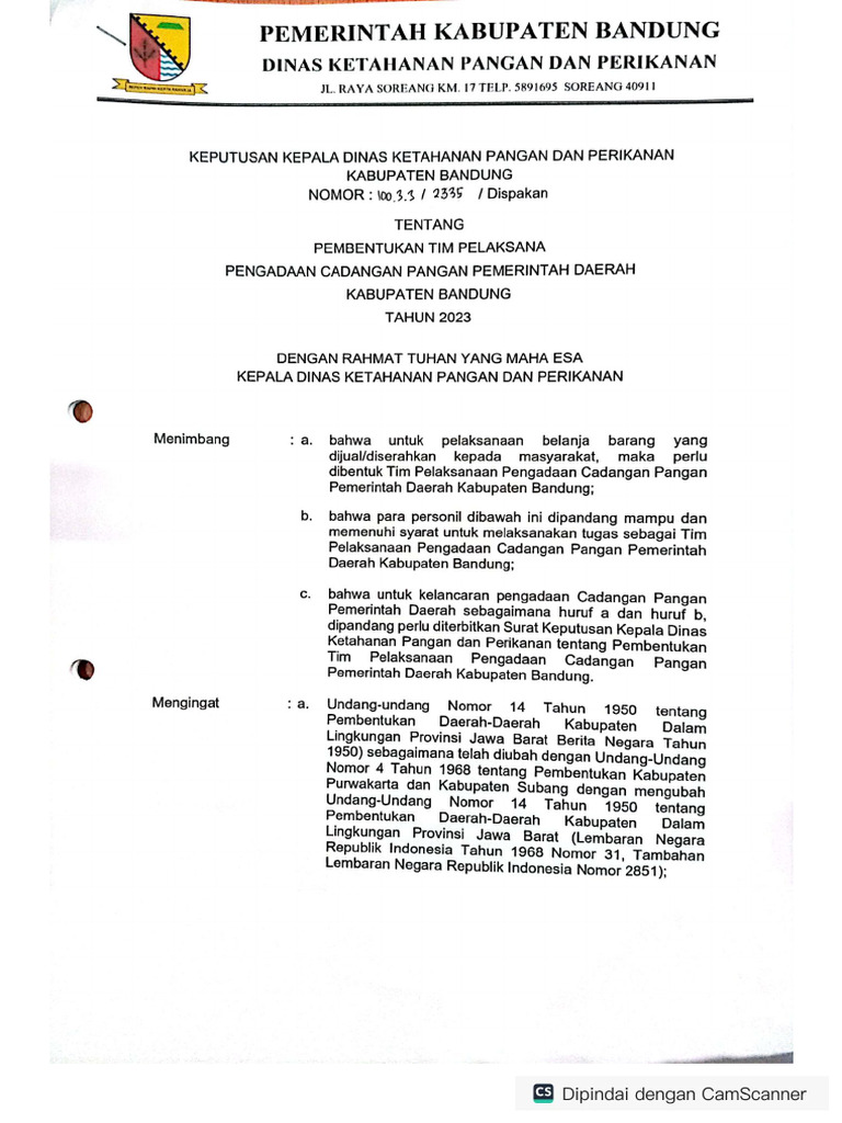 Dinas Ketahanan Pangan Dan Perikanan SK Tim Swakelola Tahun 2023 | PDF