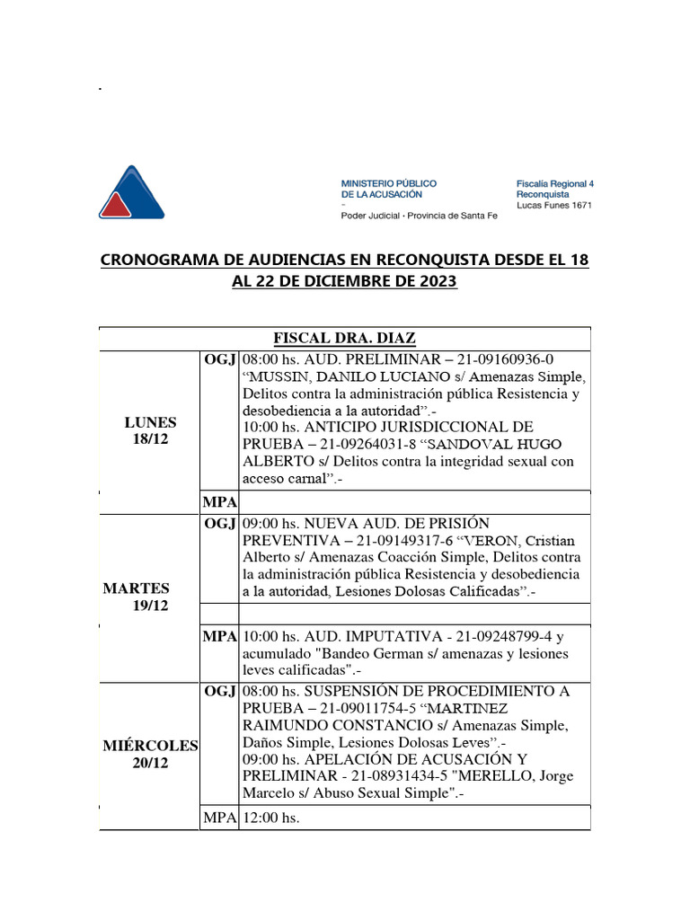 Cronograma de Audiencias en Reconquista Desde El 18 Al 22 de Diciembre ... Cronograma de Audiencias en Reconquista Desde El 18 Al 22 de Diciembre ...