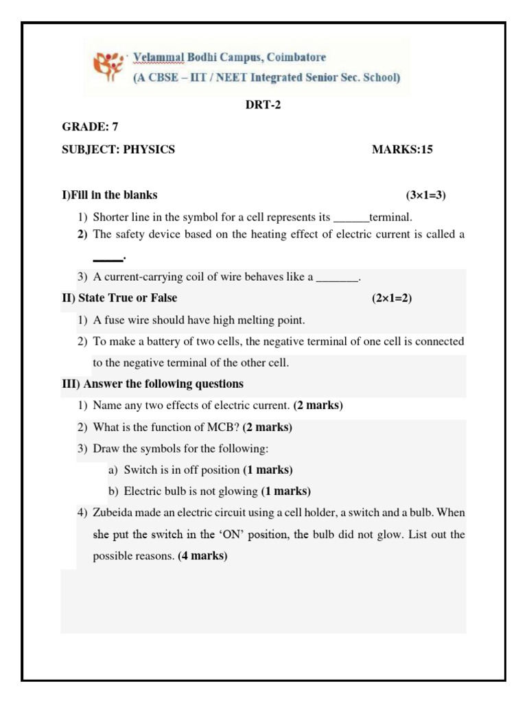 ELECTRICITY Grade 7 Question | PDF