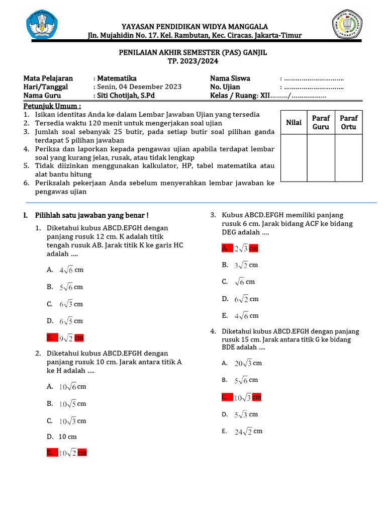Soal PAS Ganjil MTK Wajib Kelas XII IPA IPS TP. 23.24 | PDF