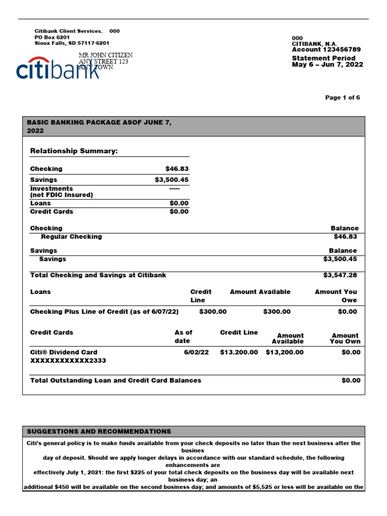 USA Citibank Bank | PDF | Credit Card | Transaction Account