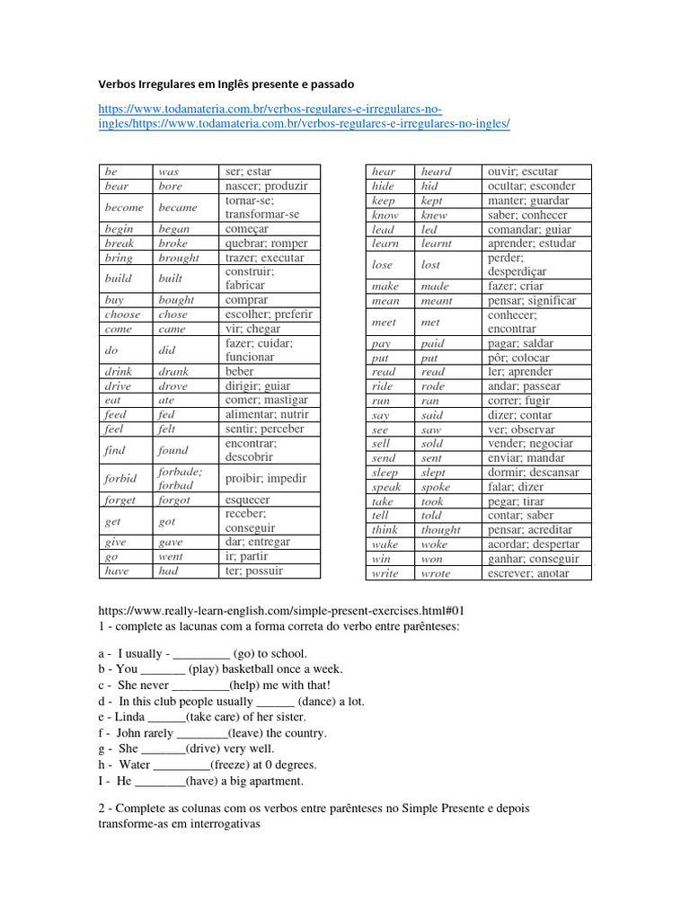 Revisão Verbos Irregulares Em Inglês Presente E Passado Pdf