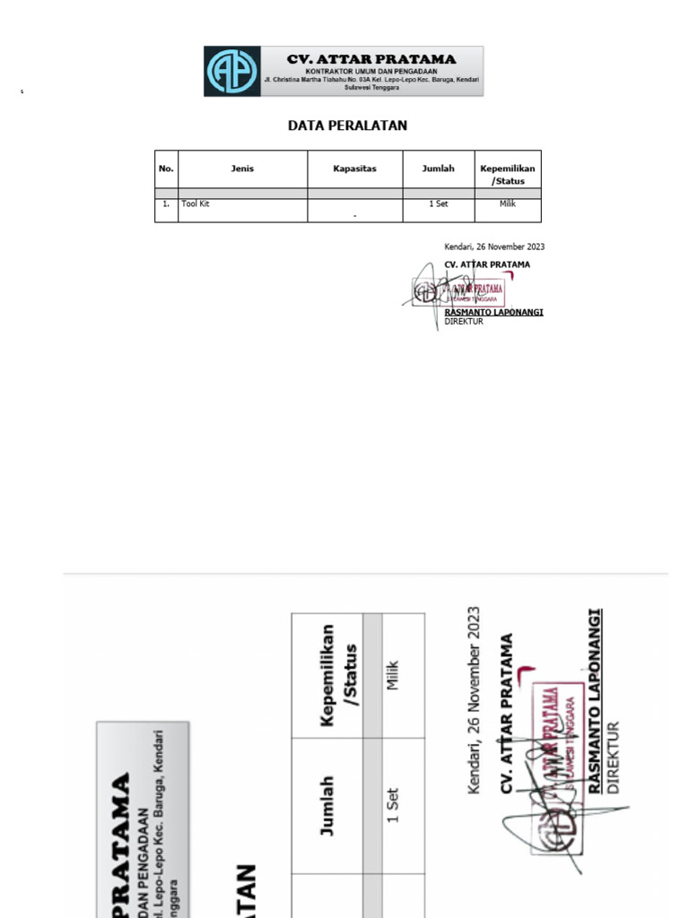 Data Peralatan CV. Attar Pratama | PDF