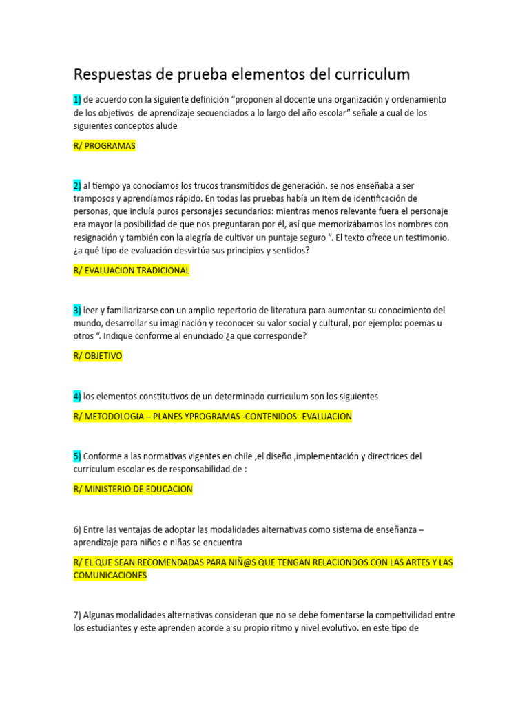 Respuestas de prueba-ELEMENTOS DEL CURRICULUM | PDF | Plan de estudios | Planificación