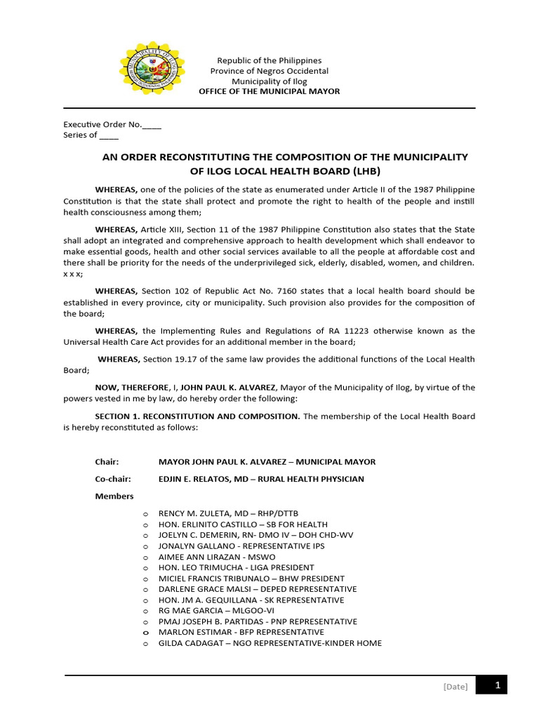 Executive Order Local Health Board | PDF | Sanitation | Executive Order