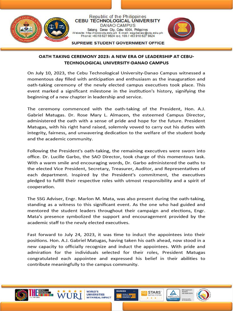 Oath Taking Ceremony for New Leaders | PDF | Oath