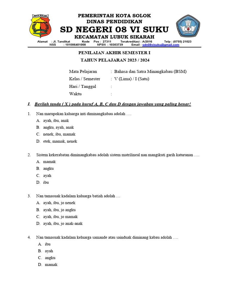 Soal BSM Semester I Kelas V | PDF