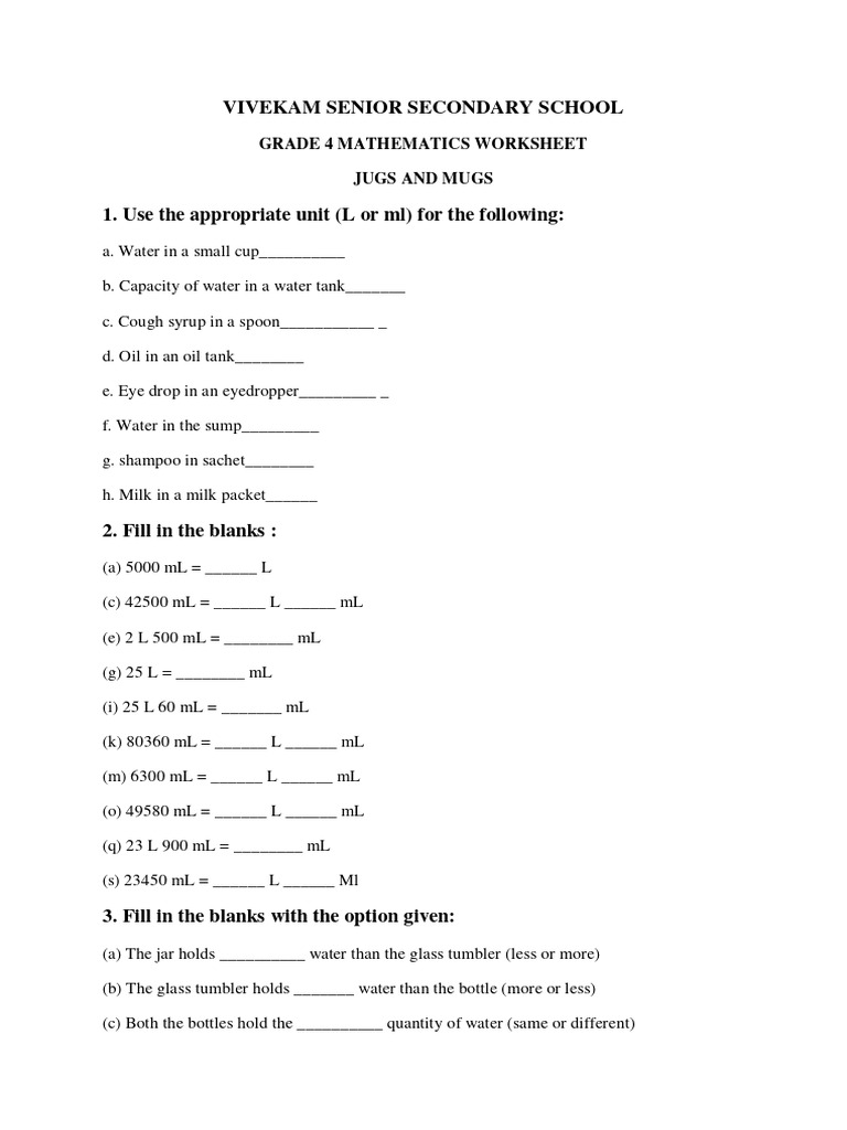 ASSIGNMENT class 4 maths | PDF | Litre | Milk