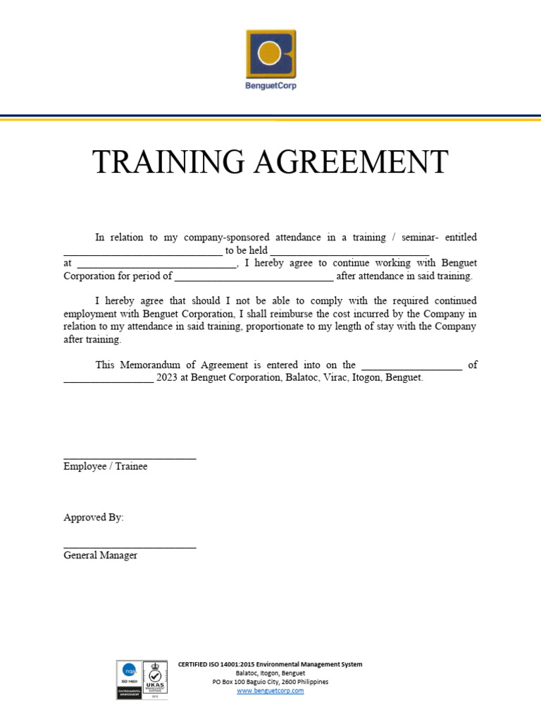 Training Agreement | PDF | Employment | Employee Relations