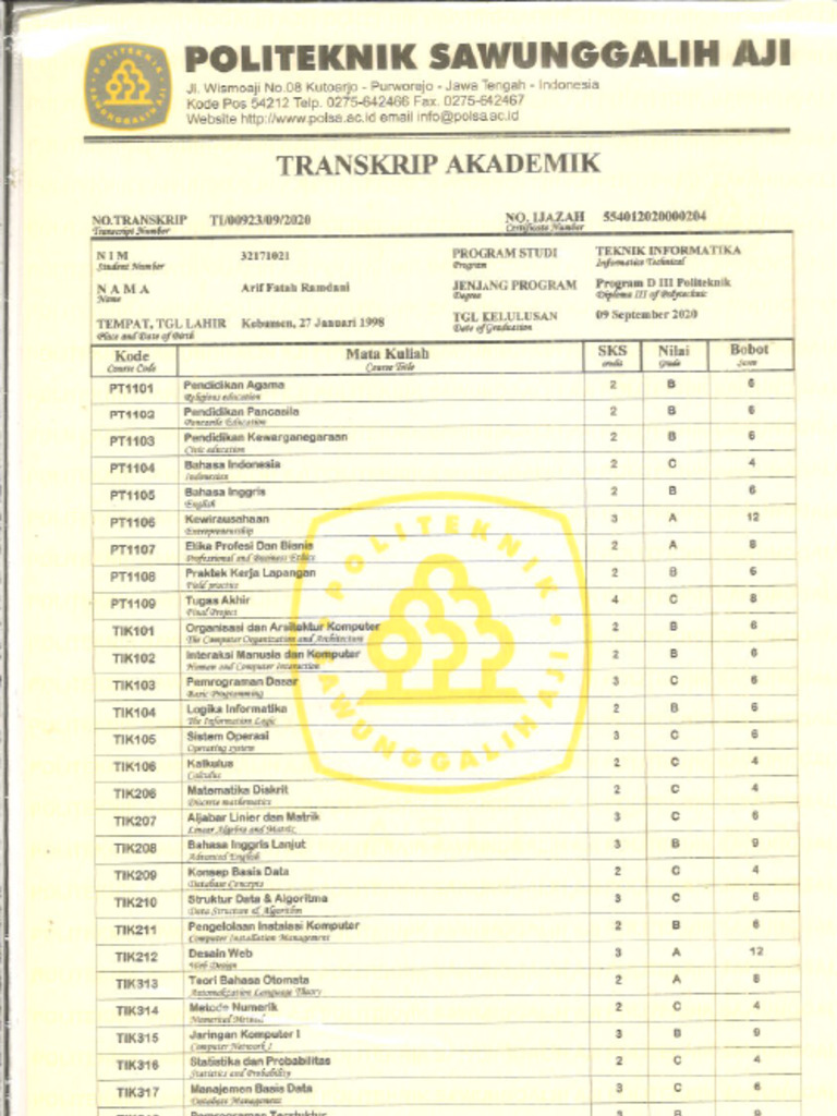 Scan Transkip Nilai | PDF