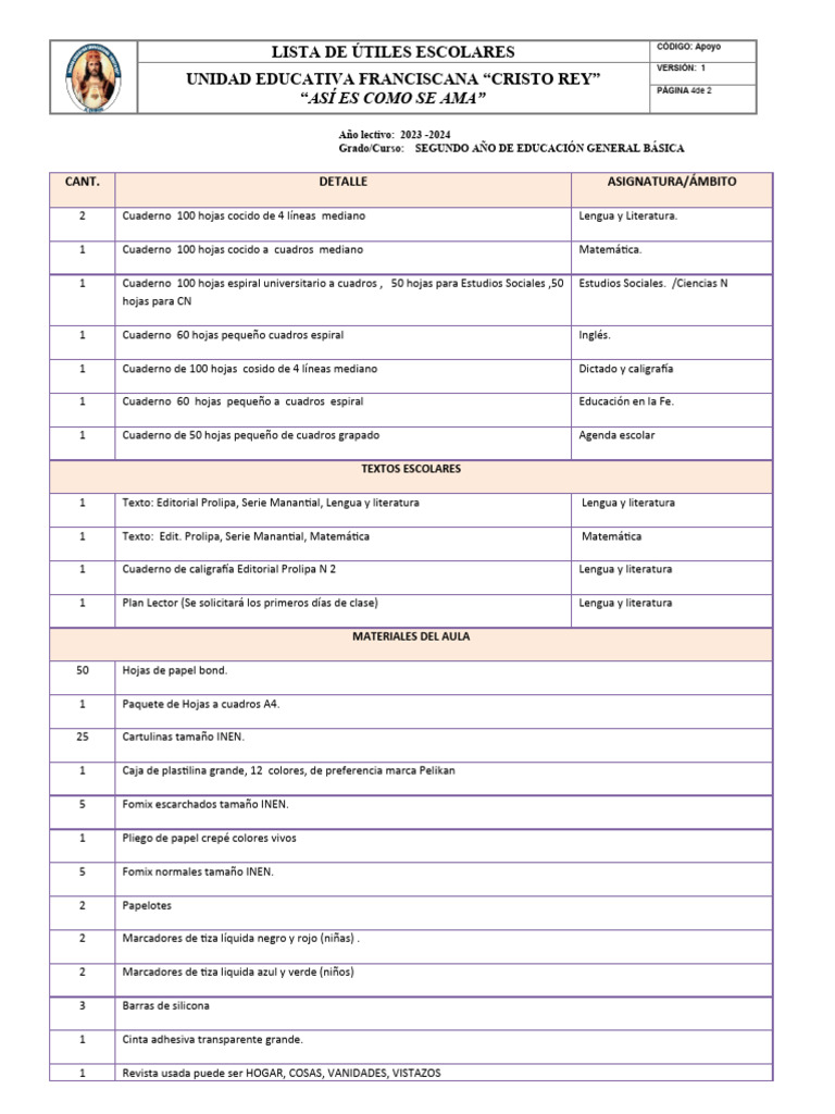 Lista de Útiles Segundo Egb | PDF