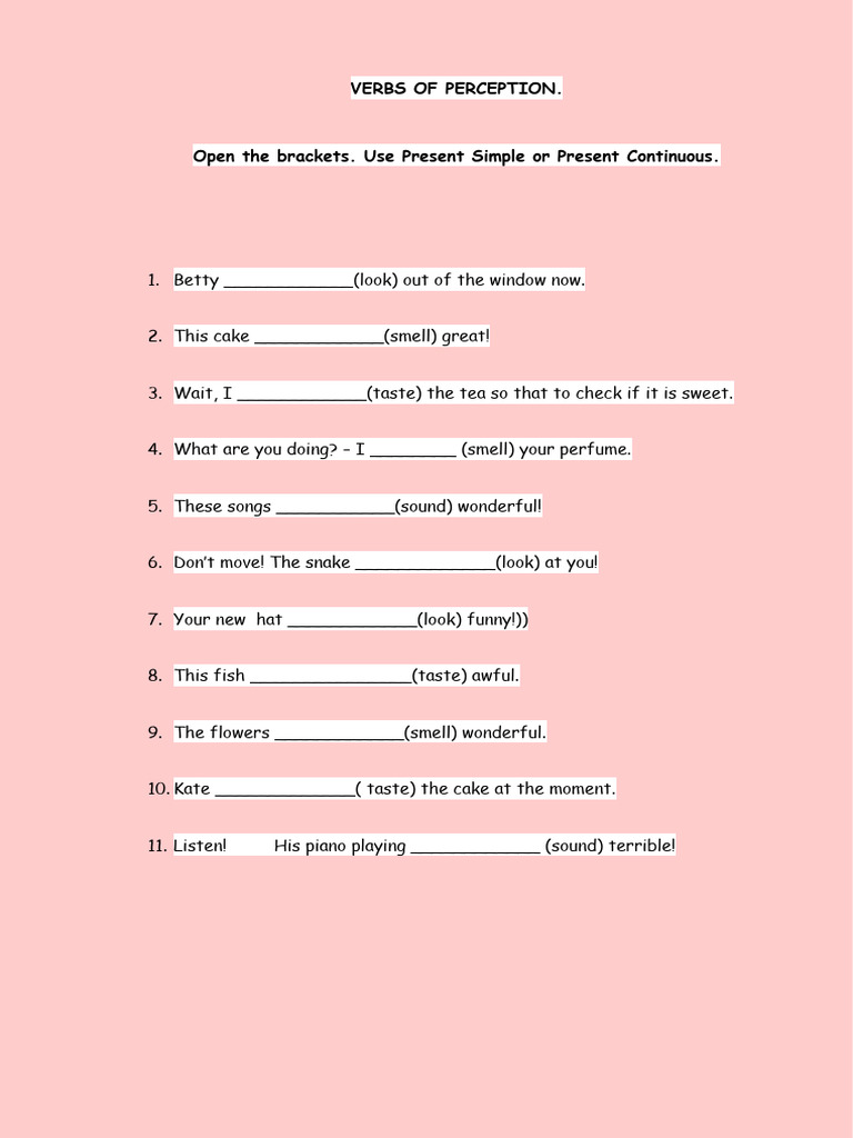 Verbs of Perception Worksheet Templates Layouts 129887 | PDF