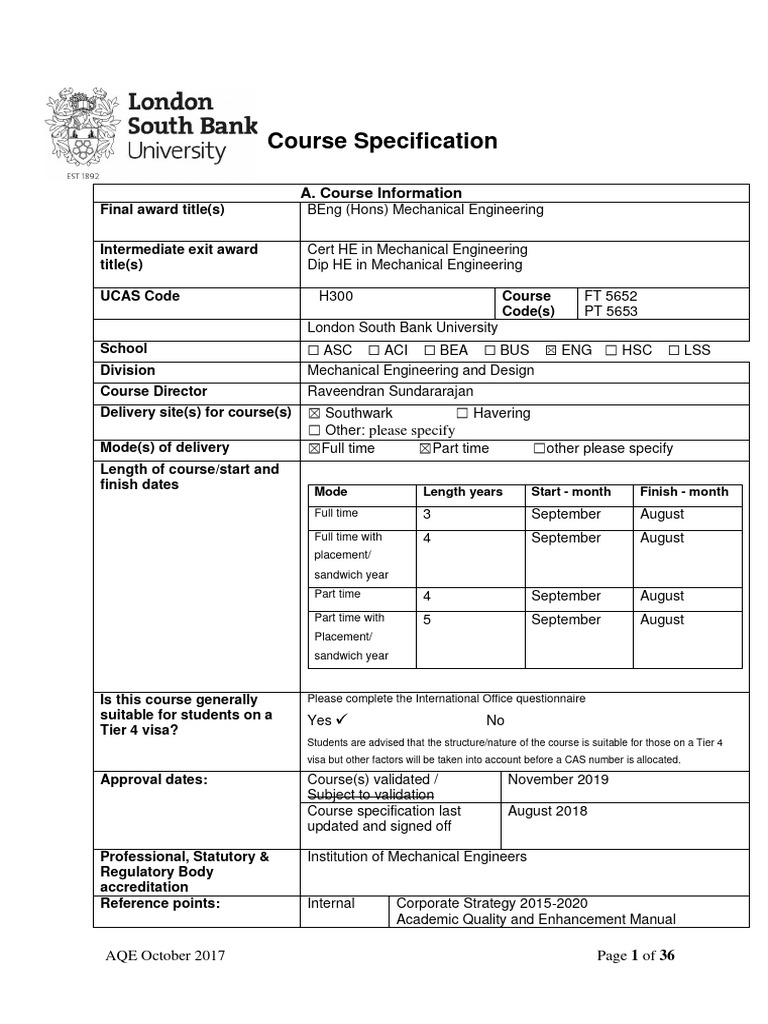 BEng (Hons) Mechanical Engineering Course Details | PDF | Engineering ...