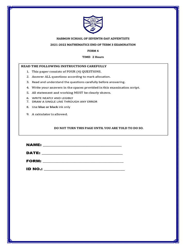 FORM 4 2021 - 2022 End of Term 3 Exam Paper - Mathematics | PDF ...
