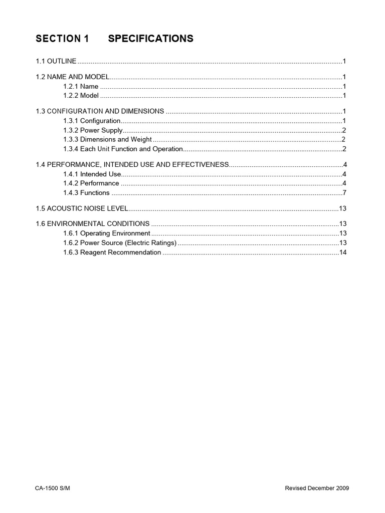 Sysmex CA-1500 Analyzer Specifications | PDF | Technology & Engineering