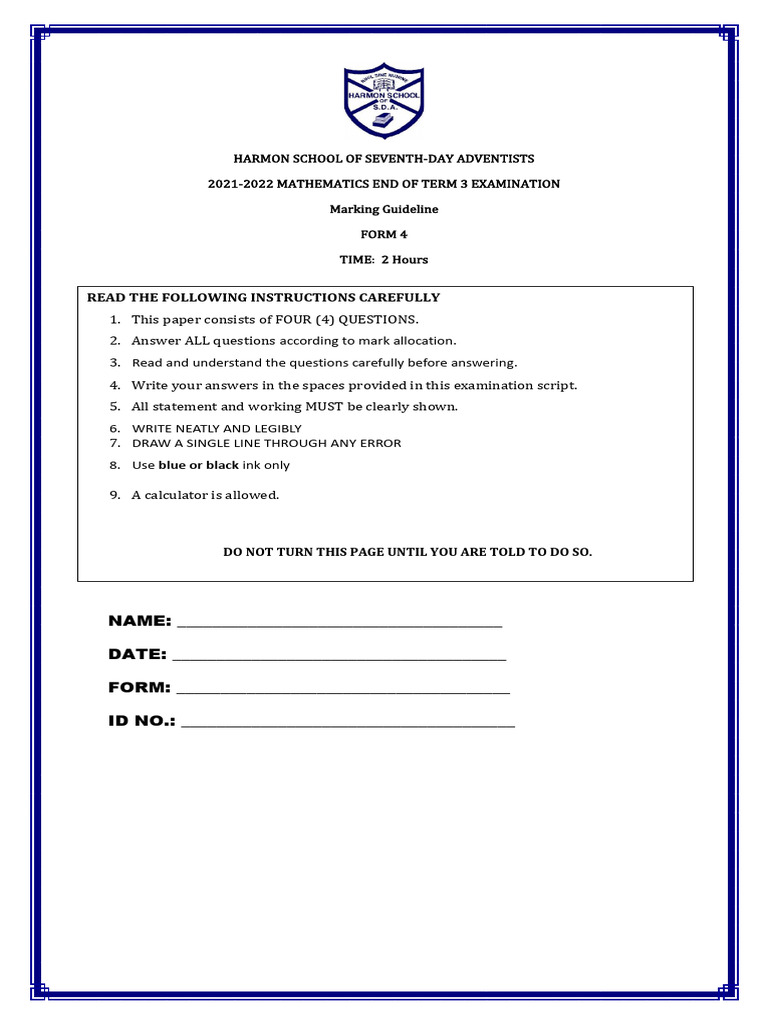 MEMO-FORM 4 2021 - 2022 End of Term 3 Exam Paper | PDF | Mathematics ...
