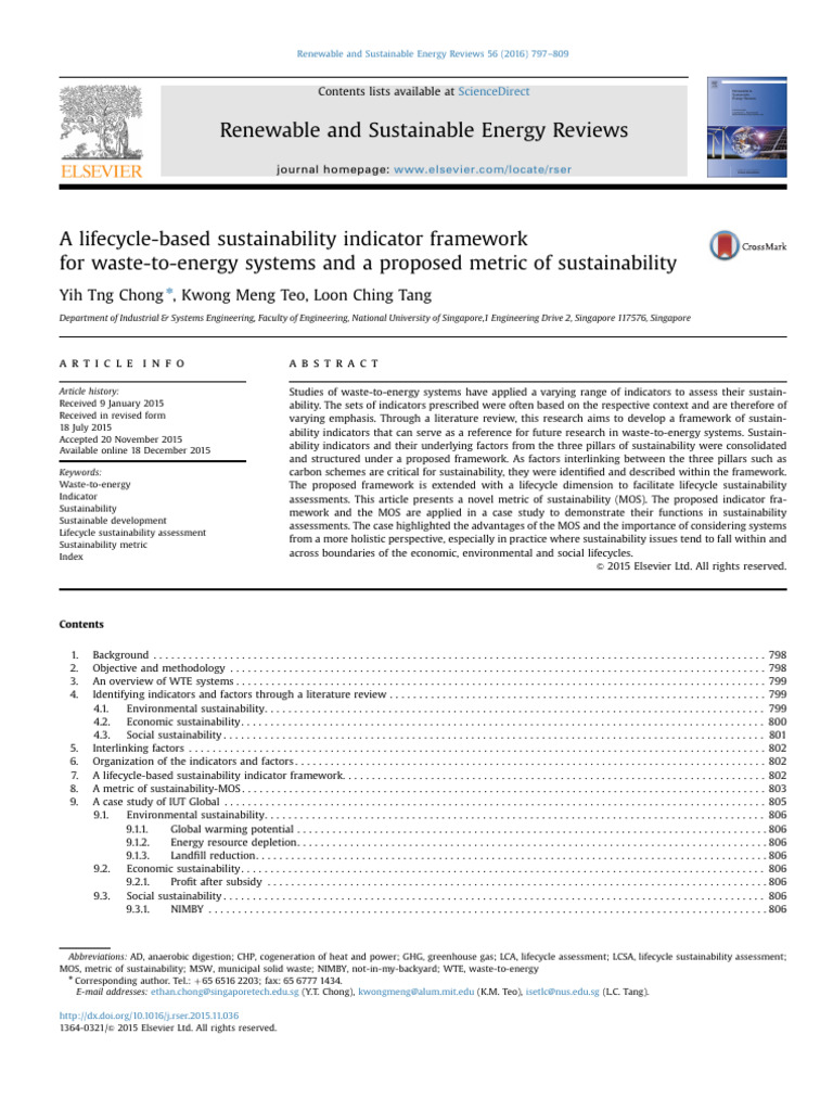 A Lifecycle-Based Sustainability Indicator Framework For Waste-To-Energy Systems and A Proposed ...