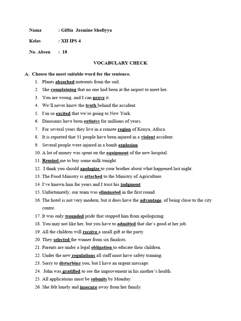 Vocabulary Check | PDF