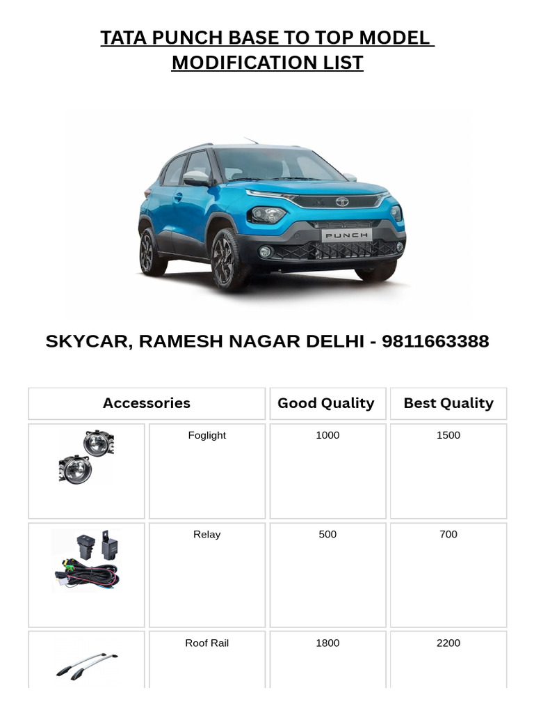 Tata Punch Base To Top Model Modification List | PDF | Computers