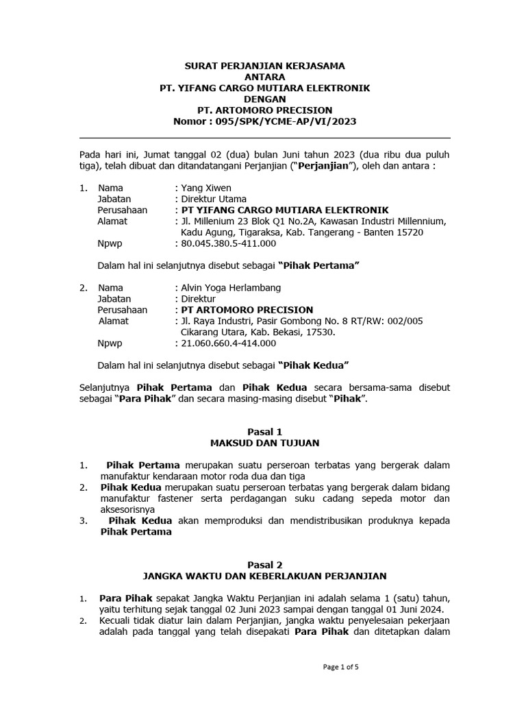 Draft Surat Perjanjian Kerjasama PT Artomo | PDF