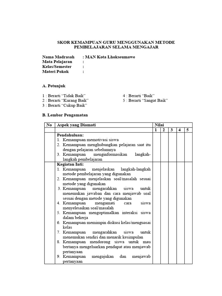 Lembar Observasi Metode Pembelajaran | PDF | Karier & Perkembangan ...