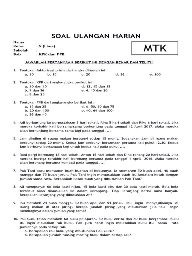 Soal KPK Dan FPB Kelas 5 SD | PDF