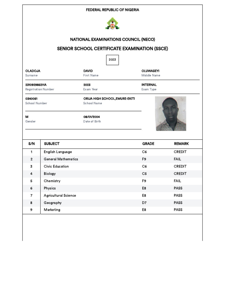NECO Results Portal | PDF