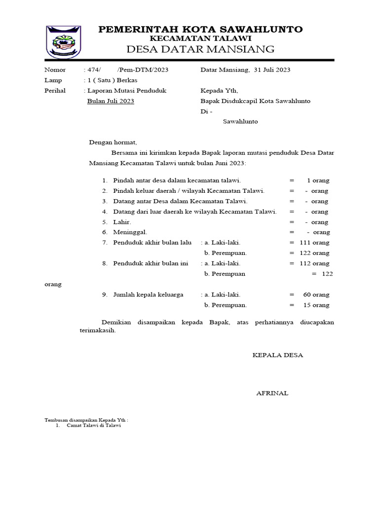 Laporan Mutasi Penduduk Juli 2023 | PDF