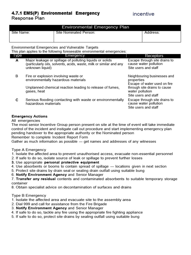 4.7.1 EMS (P) Environmental Emergency Response Plan | PDF | Emergency | Leak