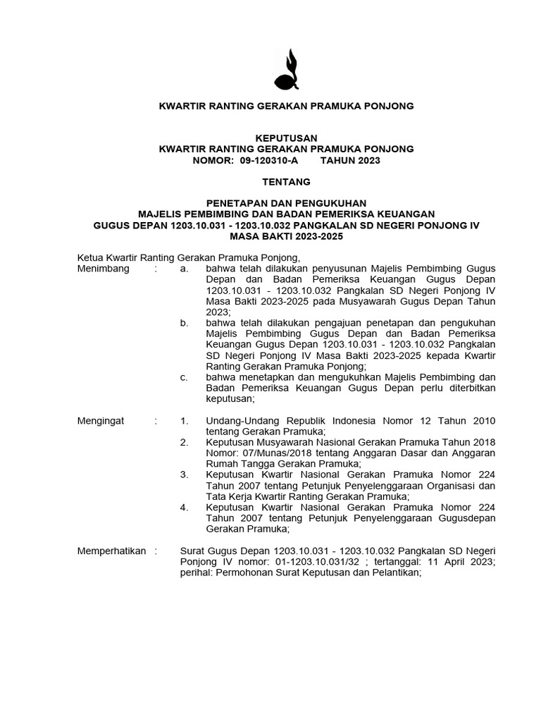 SK Kwarran - Penetapan Dan Pengukuhan Mabigus Dan BPK SDN Ponjong IV | PDF