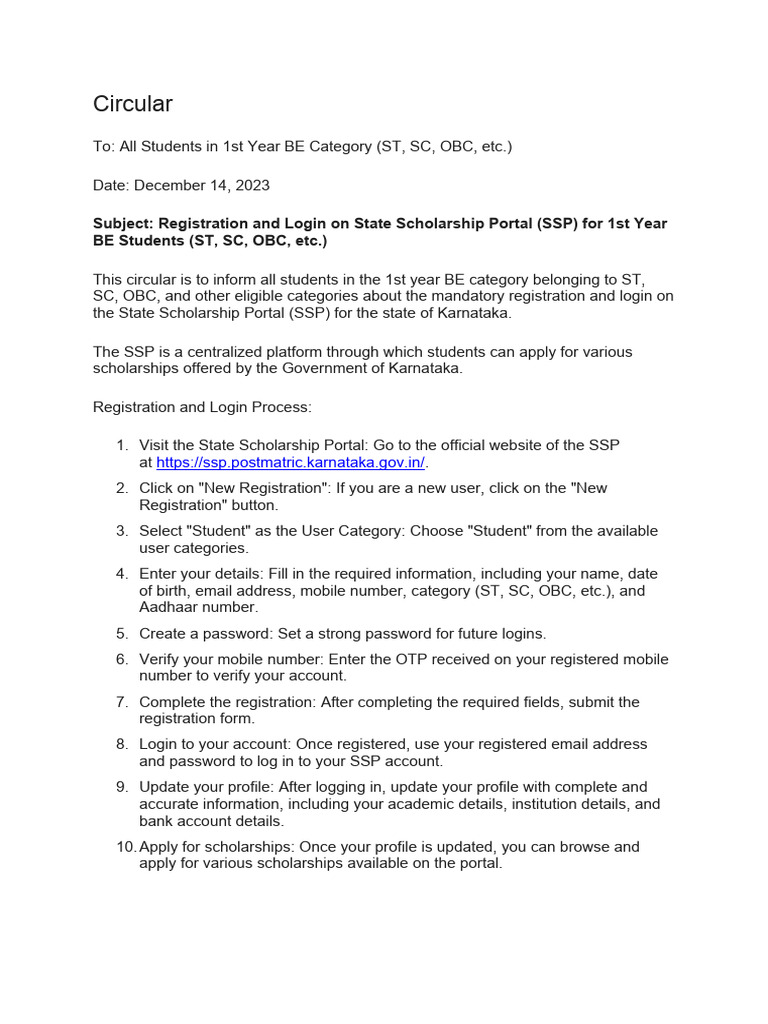Circular - Karnataka State Scholarship Portal Registrations | PDF | Login | Password