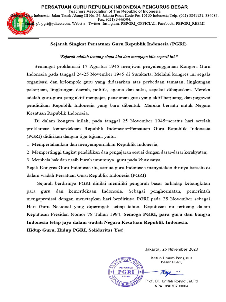 Final Sejarah Singkat Pgri | PDF
