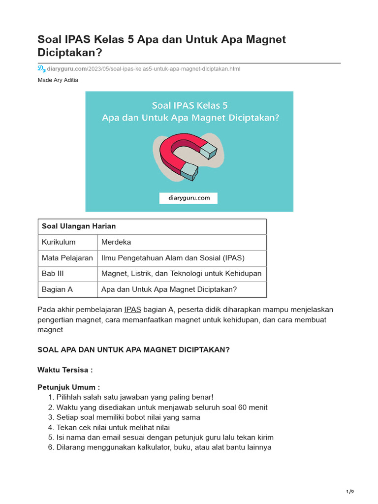 Soal IPAS Kelas 5 Apa Dan Untuk Apa Magnet Diciptakan | PDF