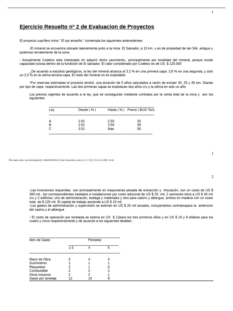 Ehjercicio Resuelto N 2 de Ev - de Proyectos | Descargar gratis PDF | Economias