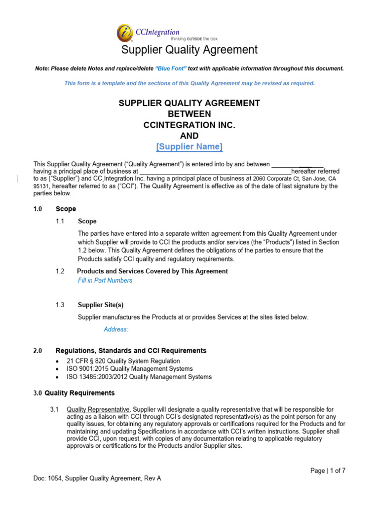 1054 Supplier Quality Agreement Rev A 1 | PDF | Specification (Technical Standard ...