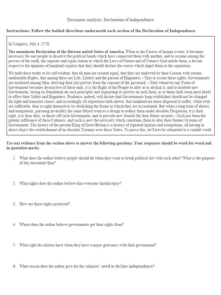 Declaration Worksheet | PDF | United States Declaration Of Independence ...