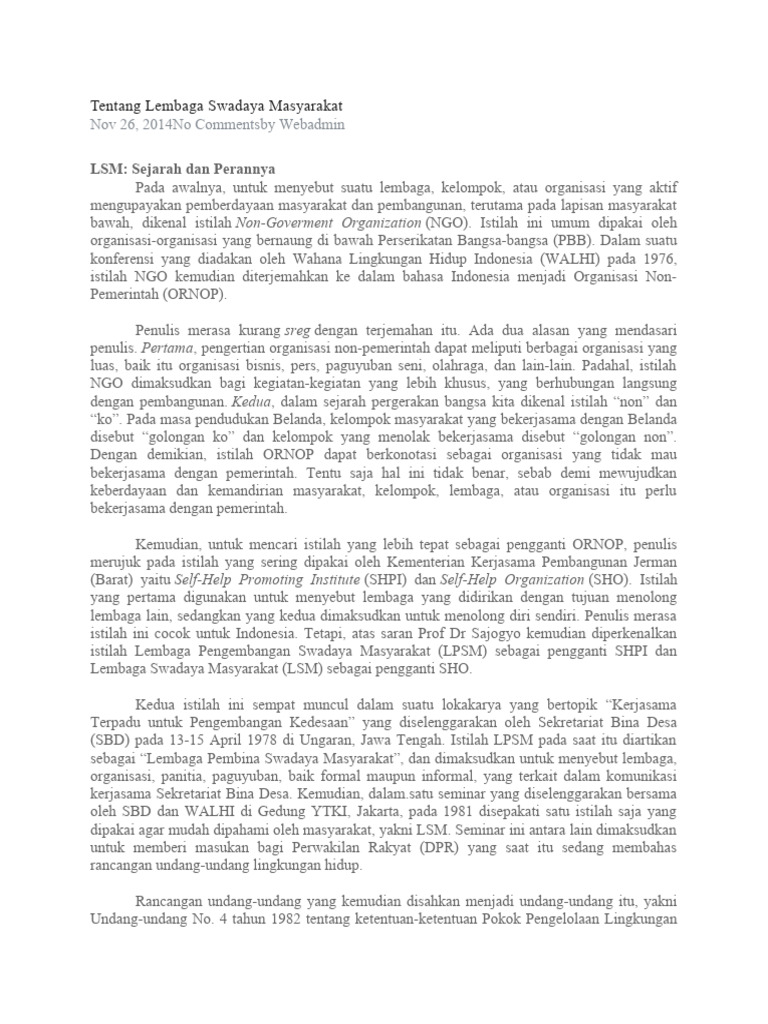 Arti dan Peran Lembaga Swadaya Masyarakat | PDF