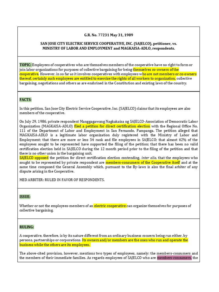 G.R. No. 77231 (SAJELCO vs. MINISTRY OF LABOR) | PDF | Employment | Collective Bargaining