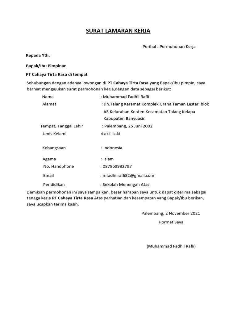 Surat Lamaran PT Cahaya Tirta Rasa | PDF