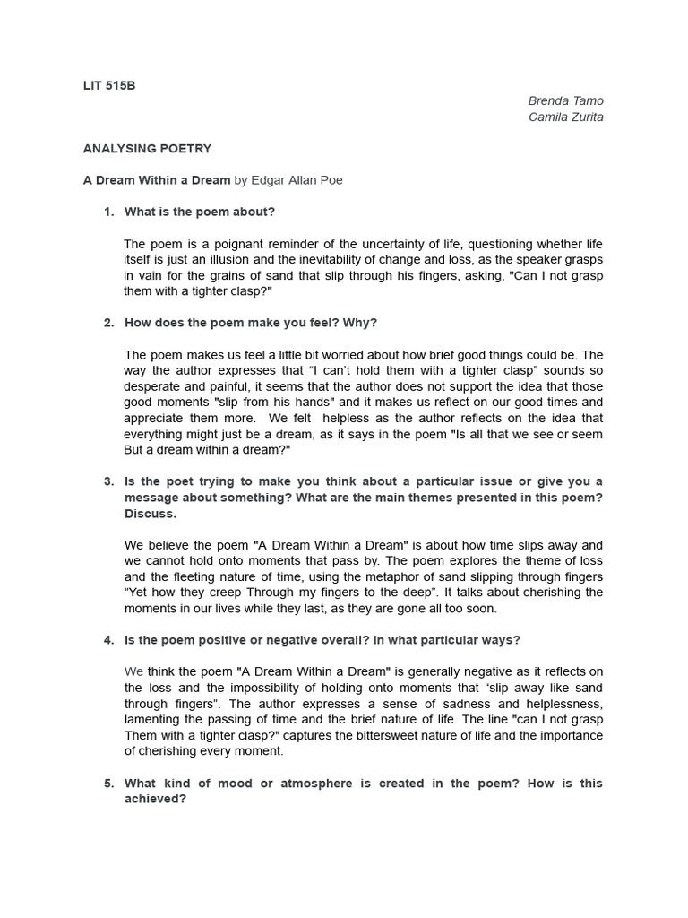 LIT 515B, ANALYSING POETRY (A Dream Within A Dream by Edgar Allan Poe ...