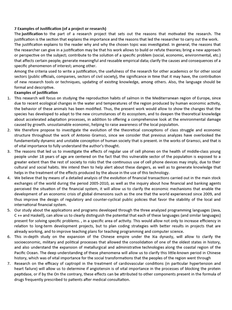 Justification Examples for Research Projects | PDF | Knowledge | Reason