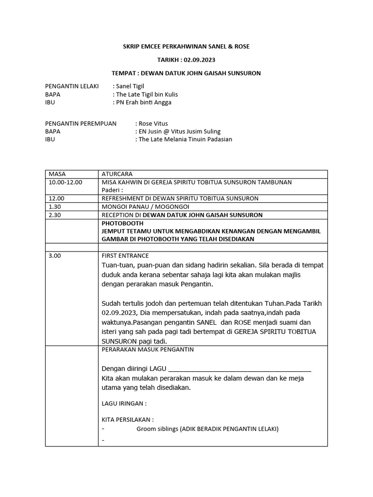 Skrip Emcee Perkahwinan Calvin Dan Elma - 1 | PDF